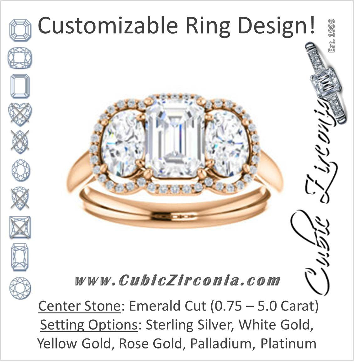 CZ Ring- The Carissa Emerald Cut, 3-stone with 3x Halo – Cubic Zirconia CZ