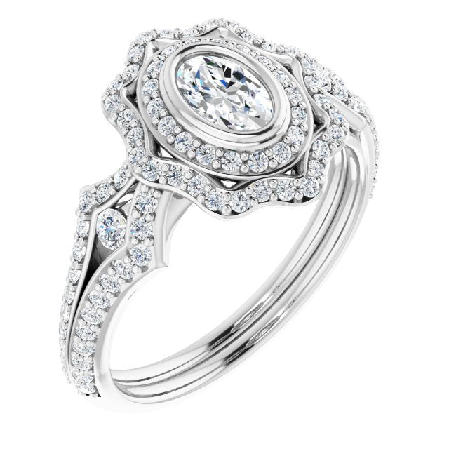 Oval Cut Ultra-wide Pavé Split-Band & Snowflake Double Halo Ring ...