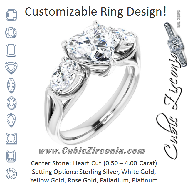 Cathedral 3-stone Heart Cut Ring ft. 2 Oval Cut Accents & Split Band ...