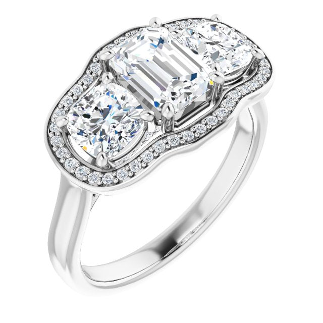 3-stone Radiant Cut CZ Ring with Cushion Cuts, 3x-Halo and Under-halo ...