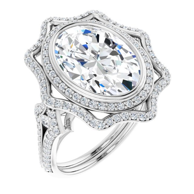 Oval Cut Ultra-wide Pavé Split-Band & Snowflake Double Halo Ring ...