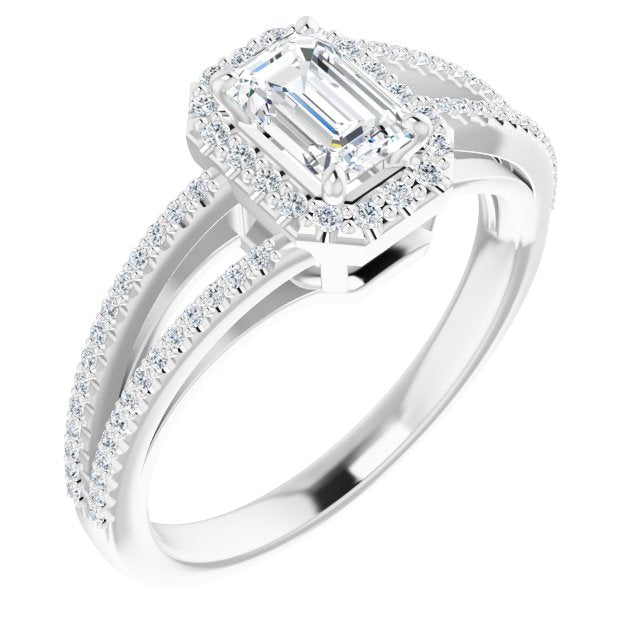 Emerald Cut Vintage CZ Ring with Halo & Asymmetrical Split-Pavé Band ...