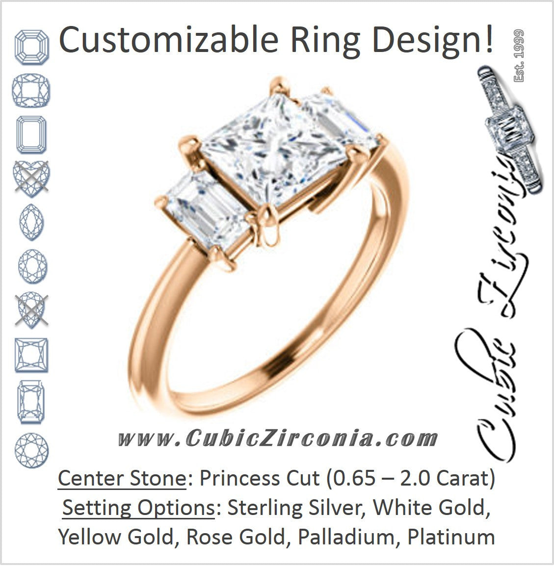 CZ Engagement Ring Princess Cut 3-stone Emerald Accents – Cubic Zirconia CZ