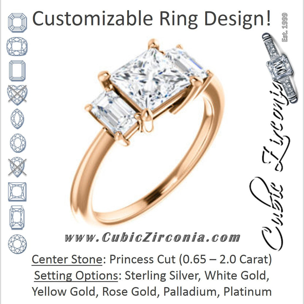 CZ Engagement Ring Princess Cut 3-stone Emerald Accents – Cubic Zirconia CZ