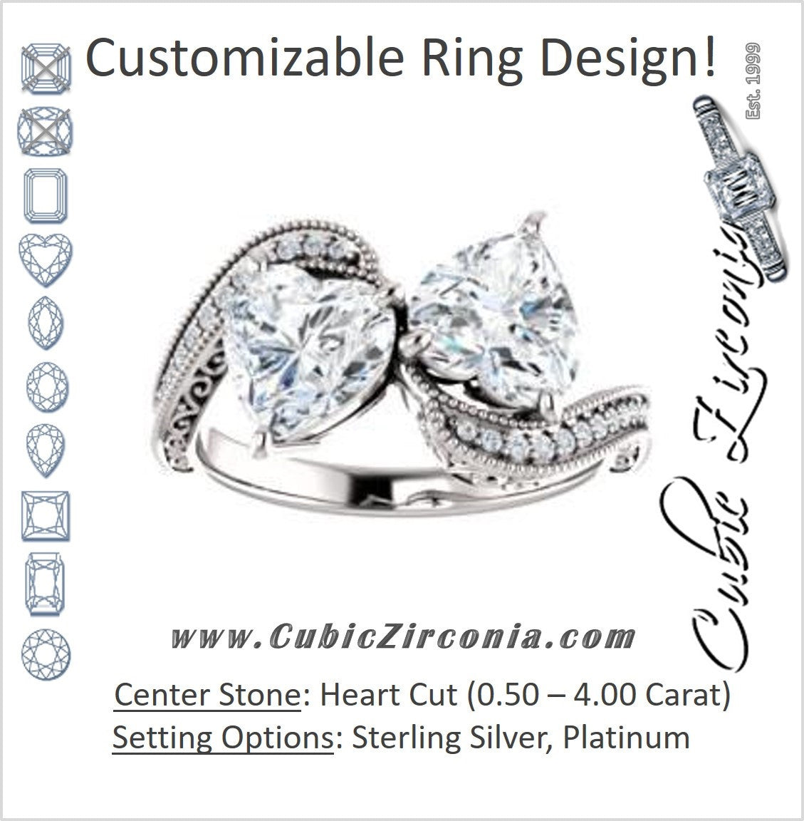 2-stone Heart Cut Artisan Ring with 3-sided Filigree & Pavé Band ...