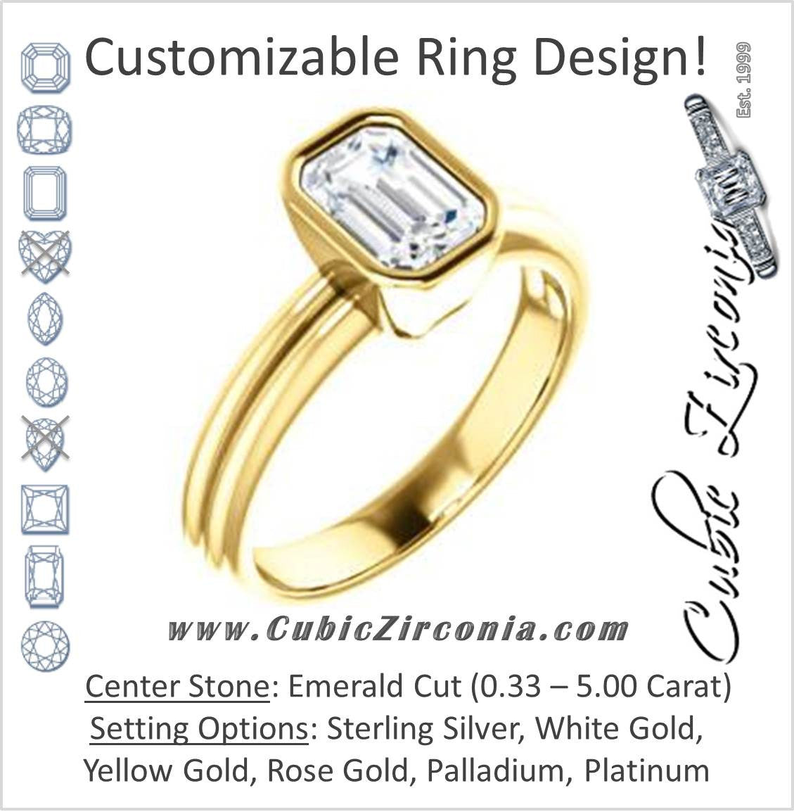 Bezel-set Emerald Cut Cubic Zirconia Solitaire with Grooved Band ...