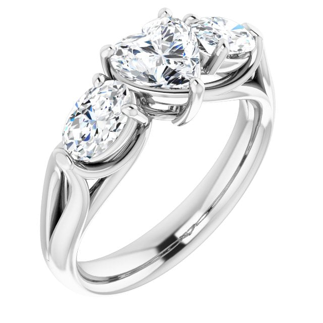 Cathedral 3-stone Heart Cut Ring ft. 2 Oval Cut Accents & Split Band ...