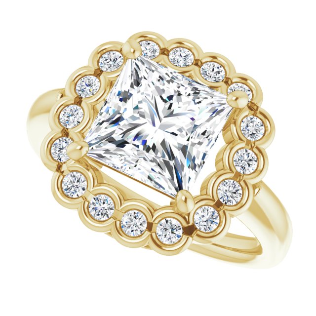 13-stone Princess/Square Cut CZ Ring with Floral-Halo Round Bezel ...