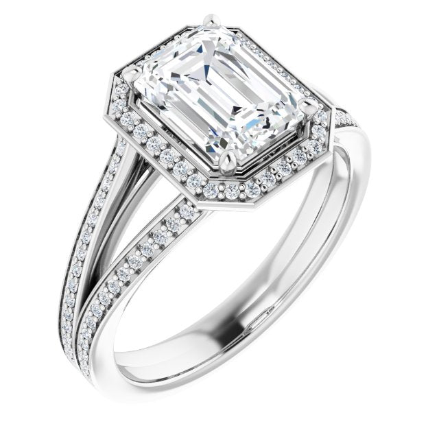 CZ Engagement Ring Emerald Cut Design with Split-Band Shared Prong and ...