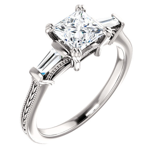 3-stone Princess Cut Ring with Baguettes & Thin Wheat-Filigree Band ...